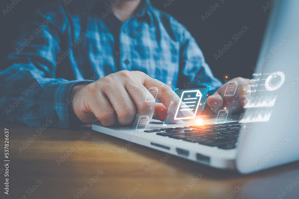 Hand with document icons and typing to laptop computer, Online ...