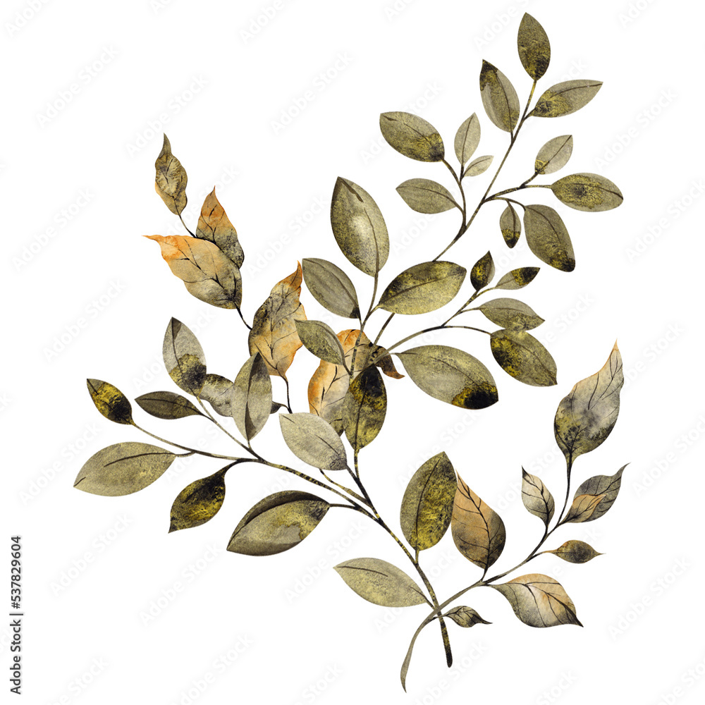 Watercolor fall bouquet with autumn flowers, leaves, branches, isolated ...