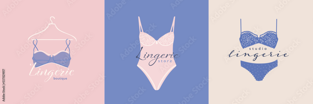 Vetor de Female logos for lingerie or clothes. Lady lace bra, bikini ...