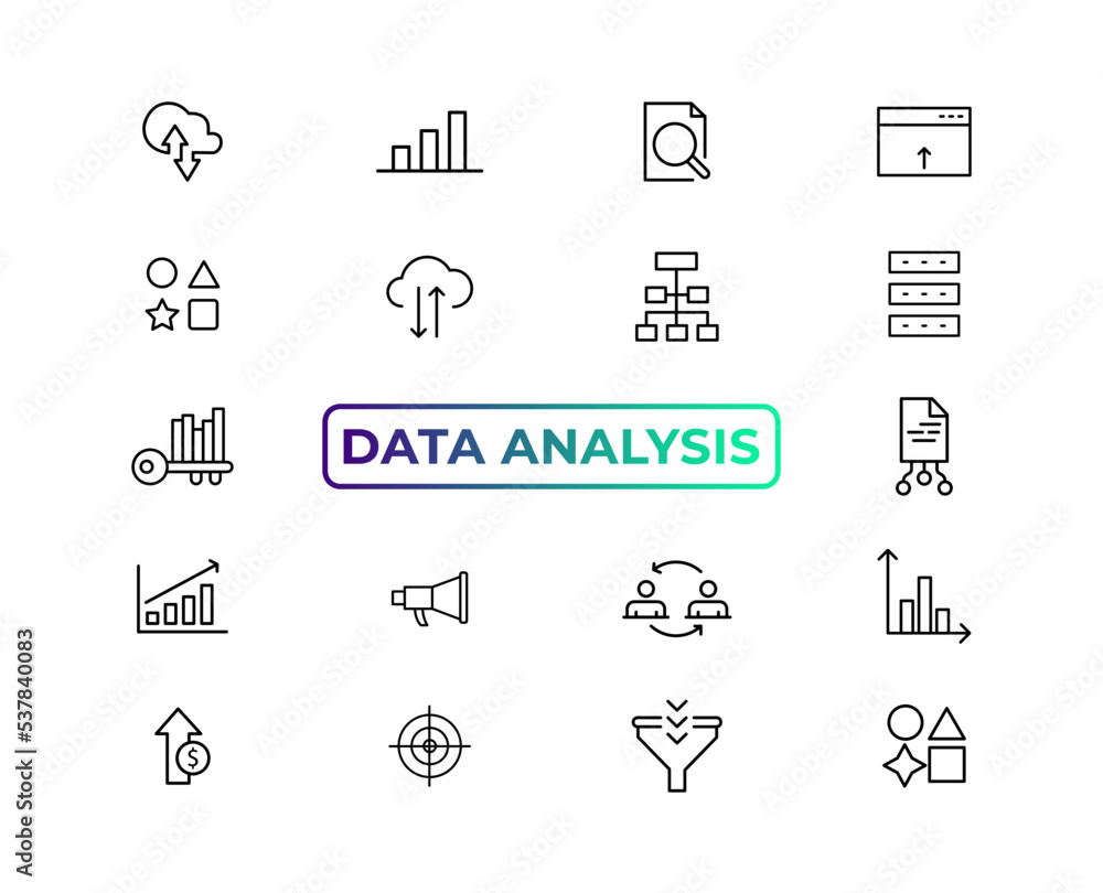 Big Data Analysis Thin Line Icon Set Data Processing Outline Pictograms For Website And Mobile