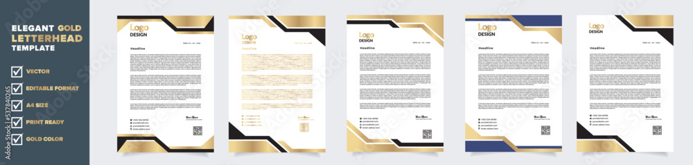 gold letterhead template for business company stationery design with A4 ...