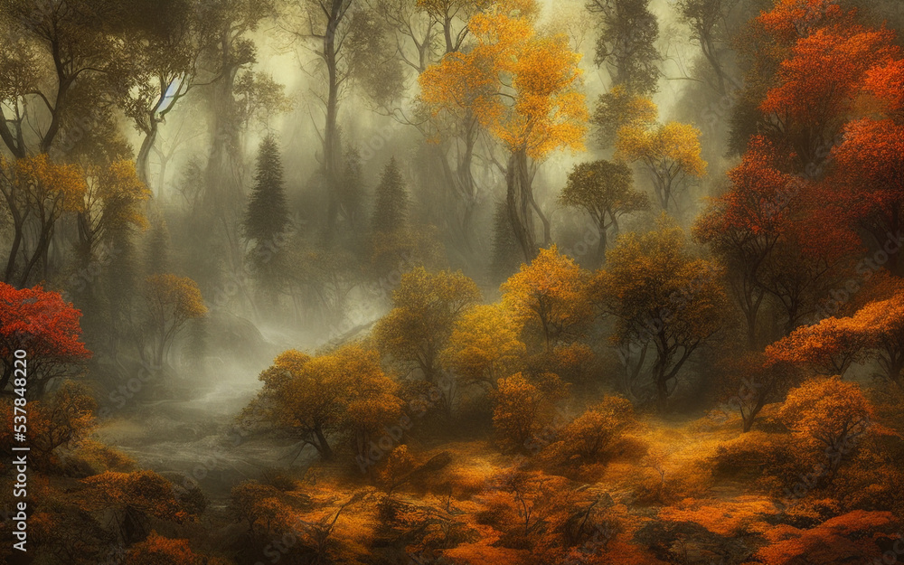 Epic view of an expansive forest in the autumn- red, orange, and yellow ...