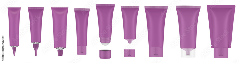 Set of purple tubes and bottles. Roller ball tube. Open and closed ...