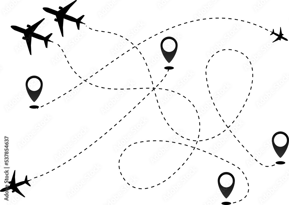 Airplane line path icon of air plane flight route dash line trace with ...