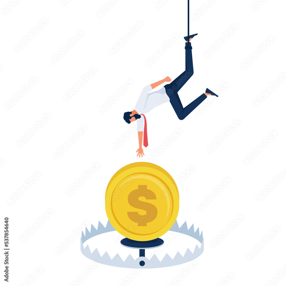 Poster businessman going to catch the dollar coins on bear trap ...