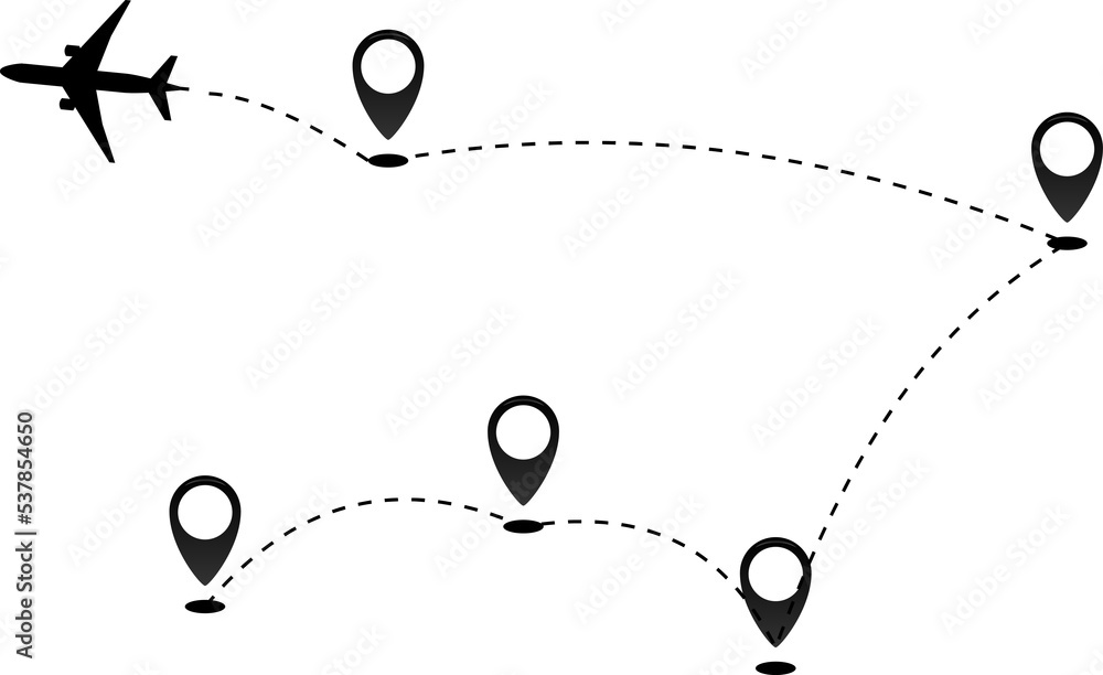 Airplane line path icon of air plane flight route dash line trace with ...