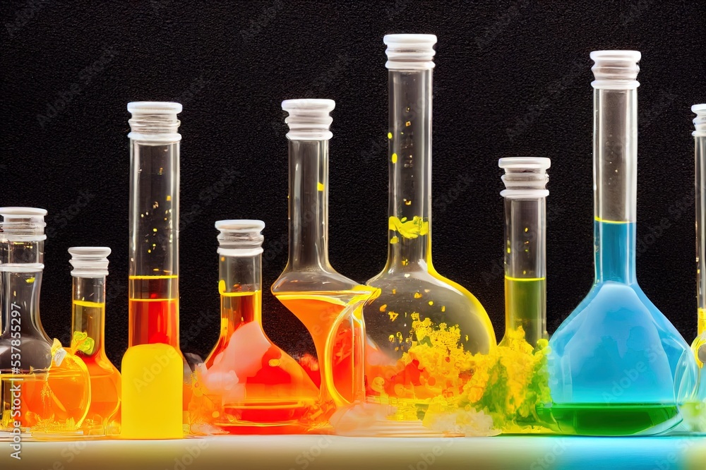 Pharmacy and chemistry theme. Test glass flask with solution in ...