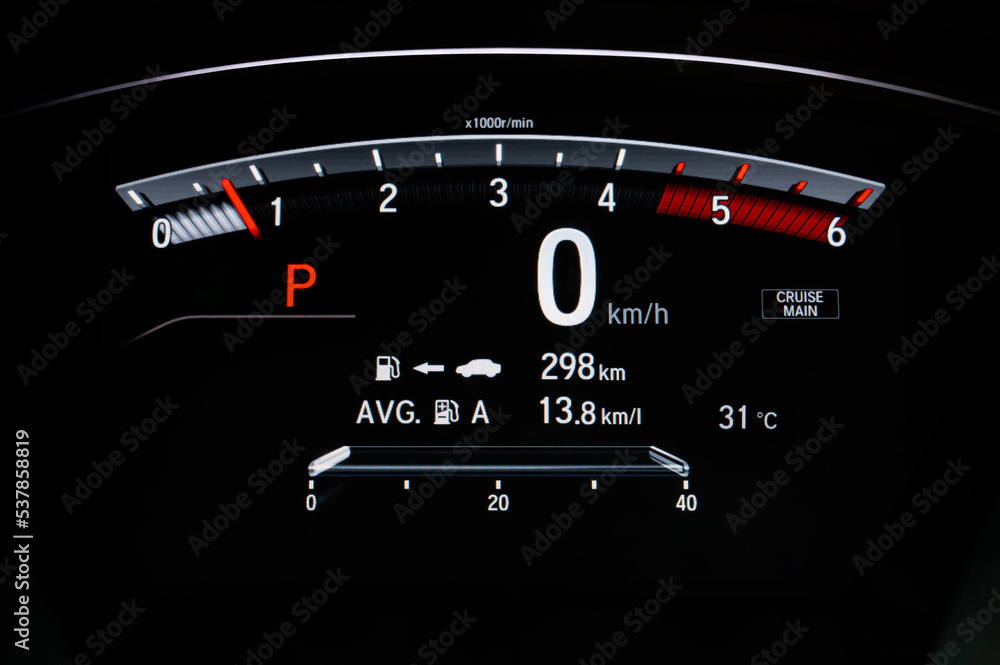 Digital car dashboard with tachometer, speedometer, driving distance ...