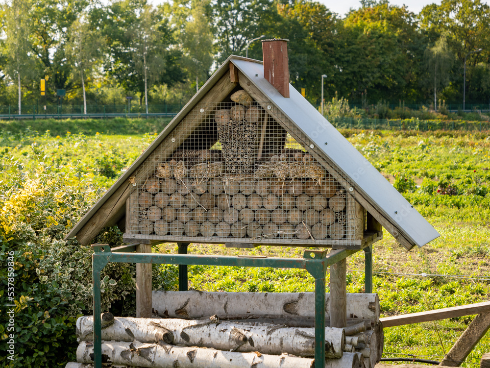 Insect hotel in a rural area. Bug house as a structure to provide ...