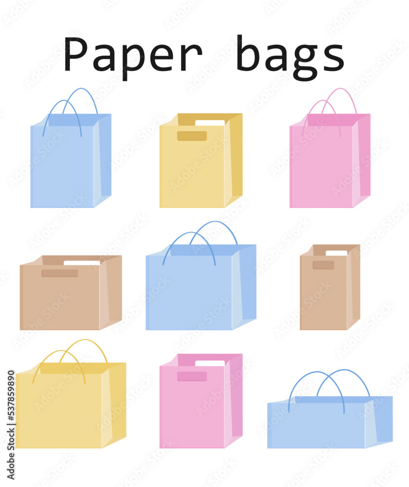 Set of paper bag layouts, colored gift bags. empty packaging. Paper bag ...