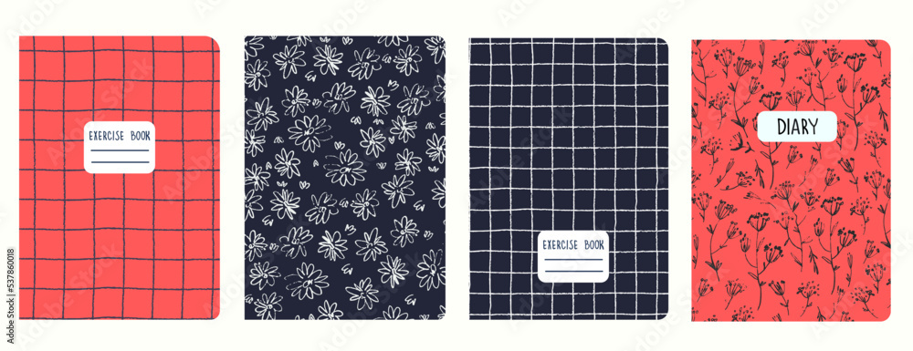 Set of cover page templates based on grid seamless patterns, spiral ...