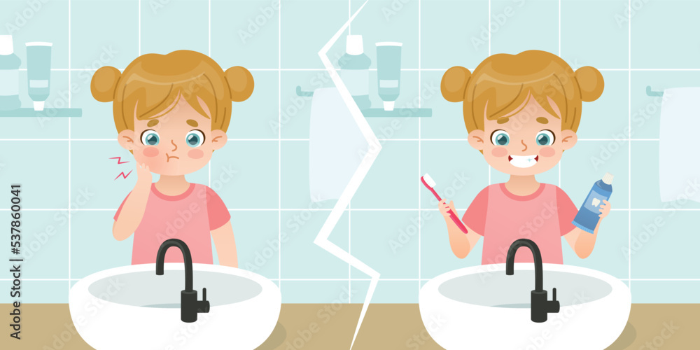 Cartoon girl with toothache vs happy kid brushing her teeth. Cute child ...