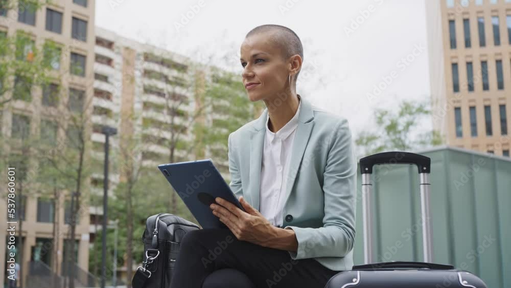 Beautiful modern business woman with shaved head at work during a ...