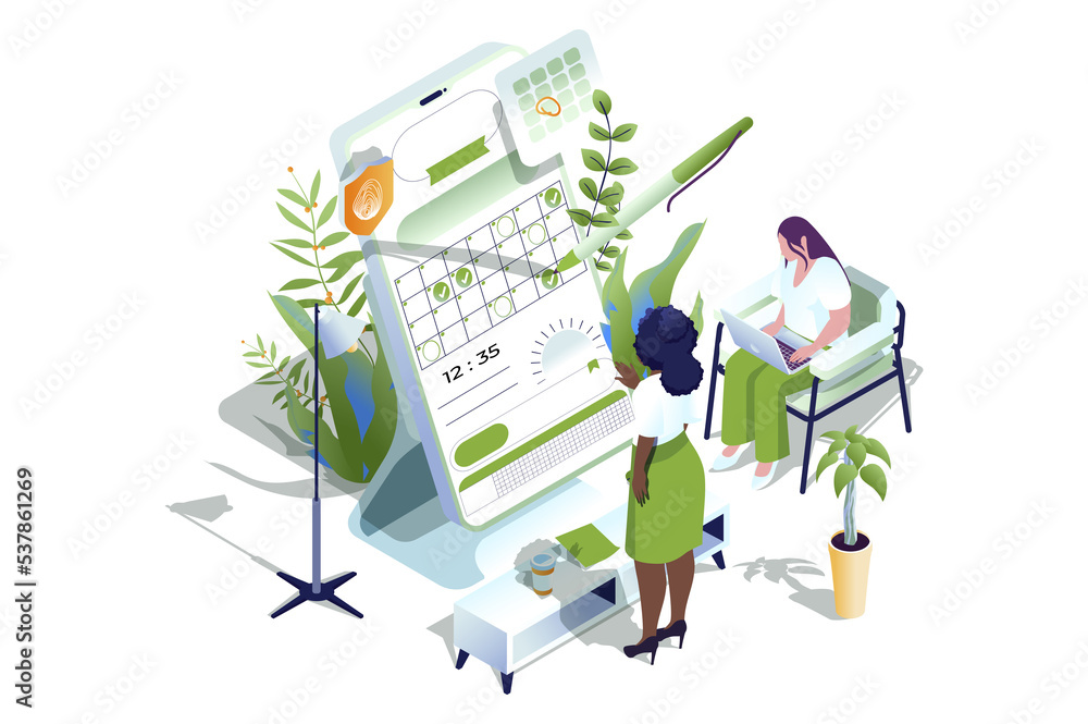 Mobile organizer web concept in 3d isometric design. People manage work ...