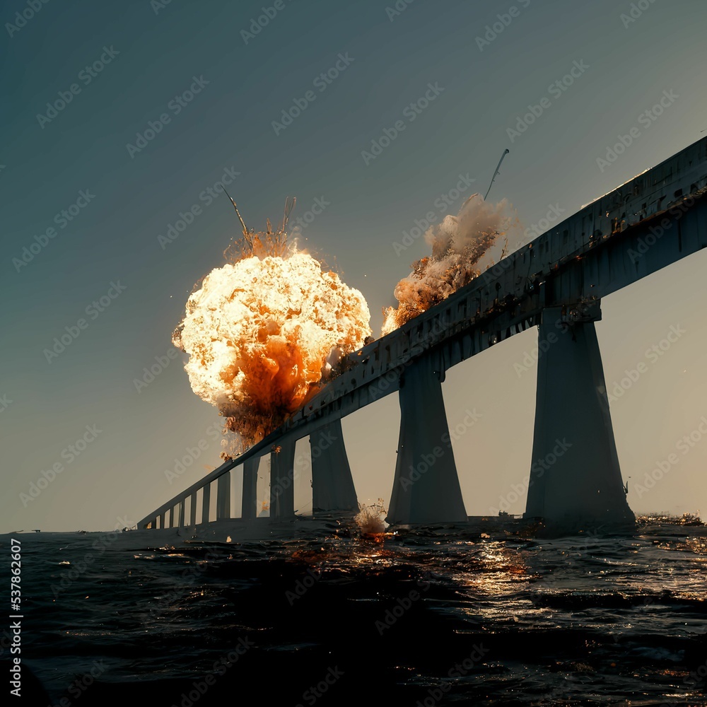 Realistic artwork of Nuclear explosion on a bridge over a river Stock ...