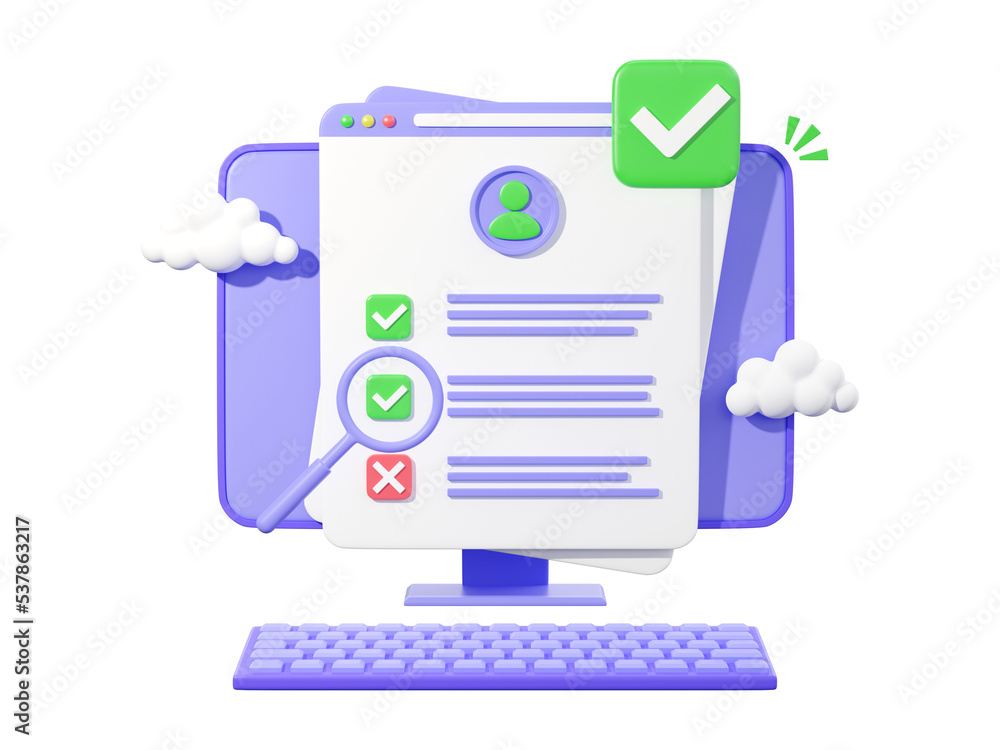 Checklist on desktop PC, 3d render illustration, transparent background ...