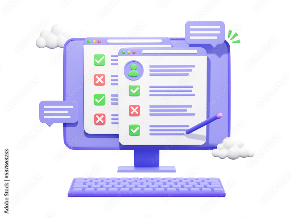 Checklist on desktop PC, 3d render illustration, transparent background ...