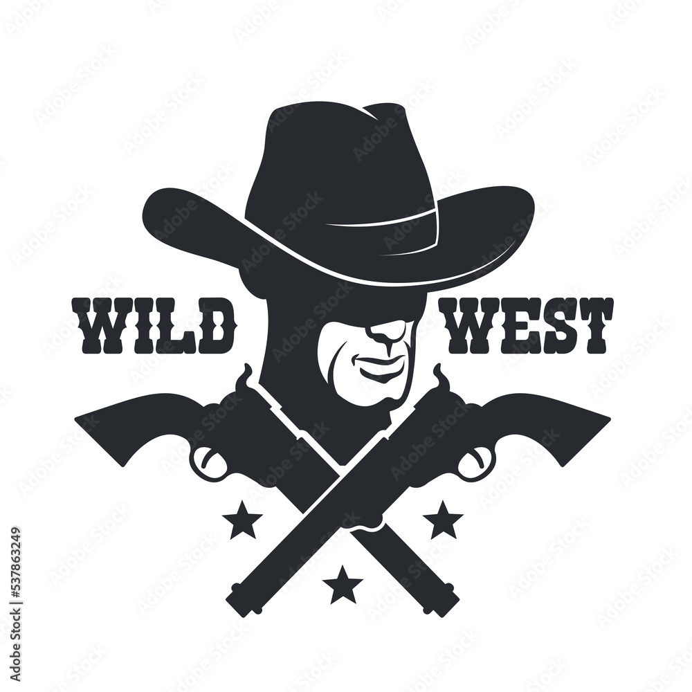 Western retro logo with cowboy in hat and crossed guns. Wild west ...