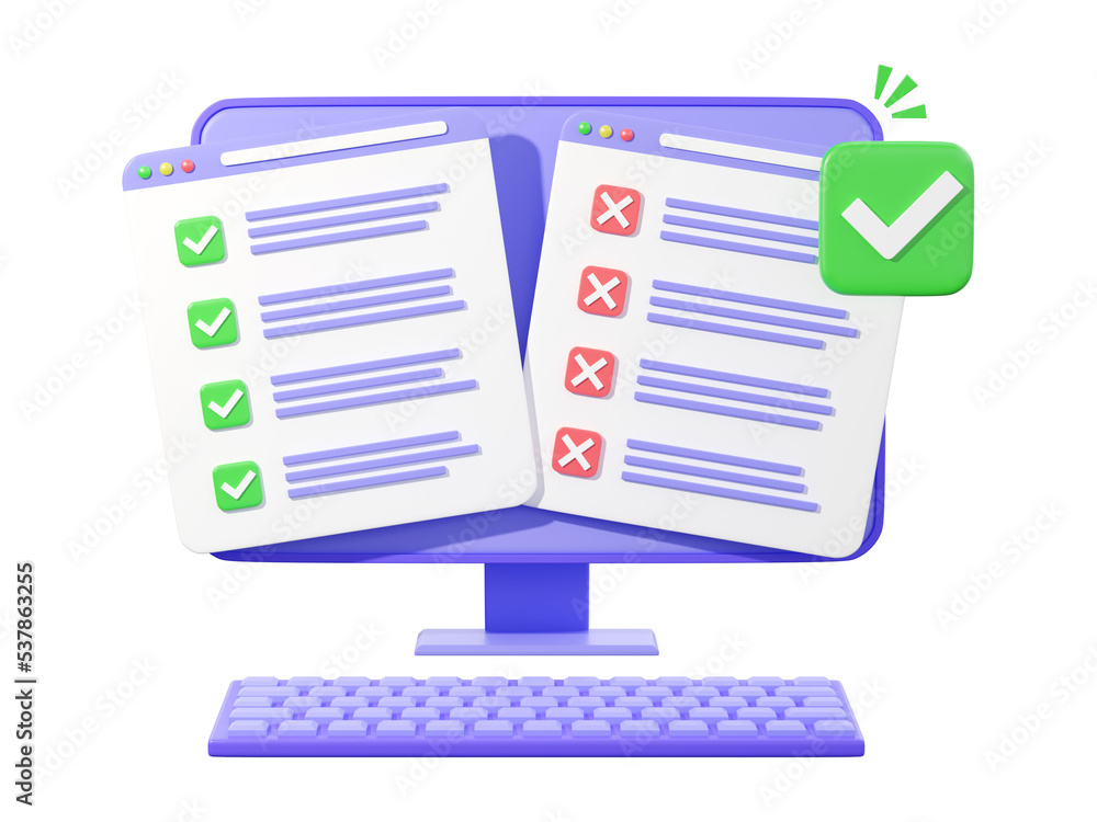 Checklist on desktop PC, 3d render illustration, transparent background ...