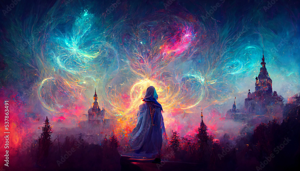 Mystical fantasy background. Sky sparkling with streams of magic ...