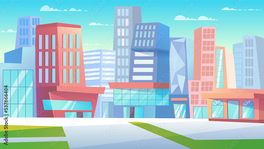 Cityscape landing page in flat cartoon style. City street with ...