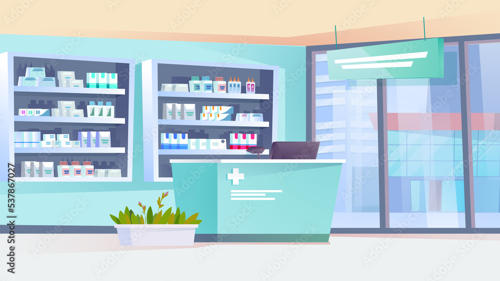Pharmacy interior landing page in flat cartoon style. Drugstore with ...