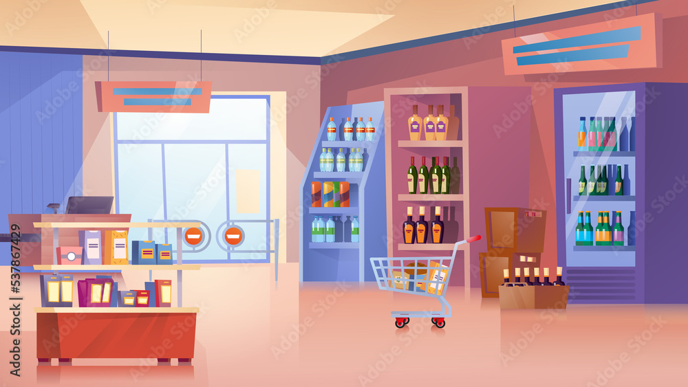 Grocery store landing page in flat cartoon style. Supermarket with cash ...