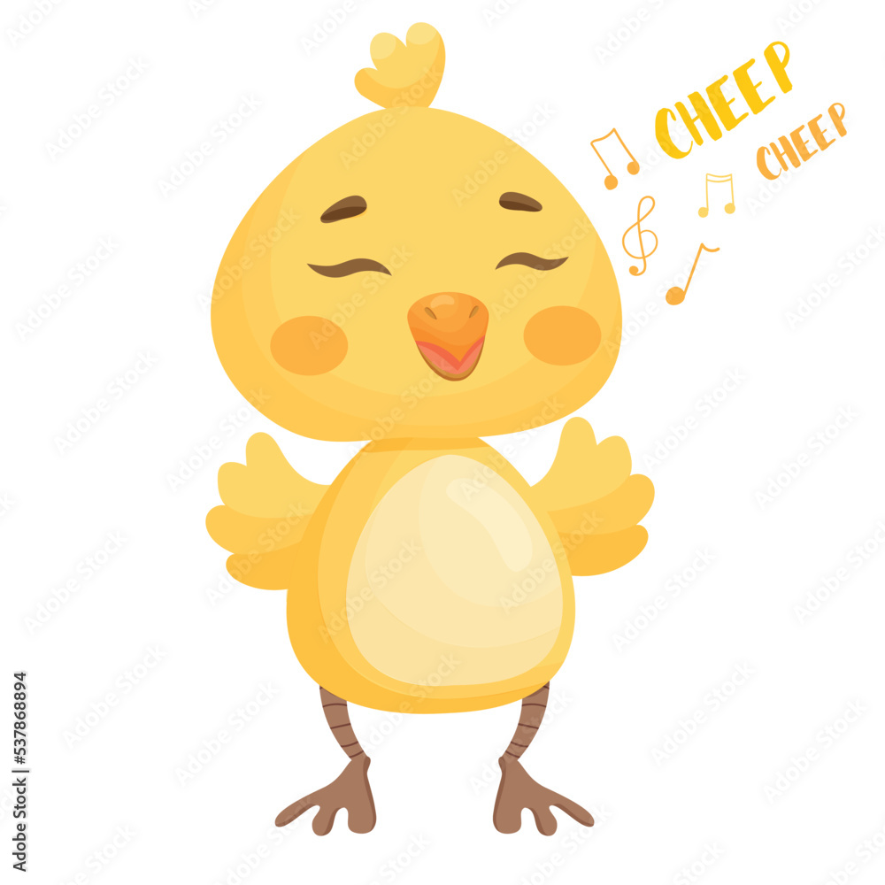 Cartoon baby chicken sings cheep cheep. Vector illustration on a white ...