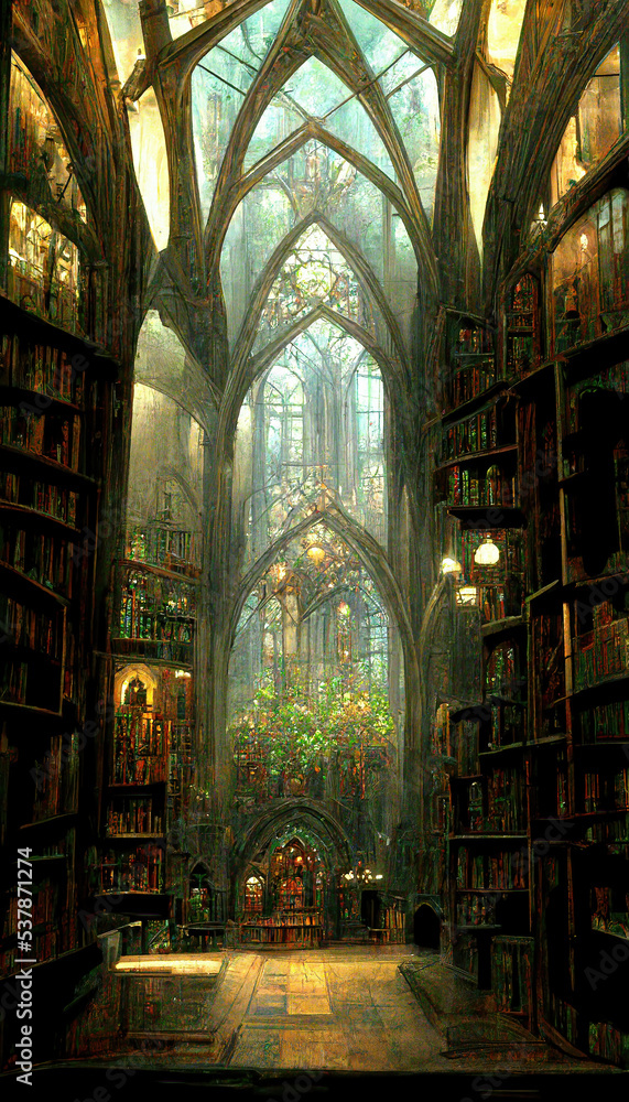 AI generated image of a large ancient library with high gothic arches ...