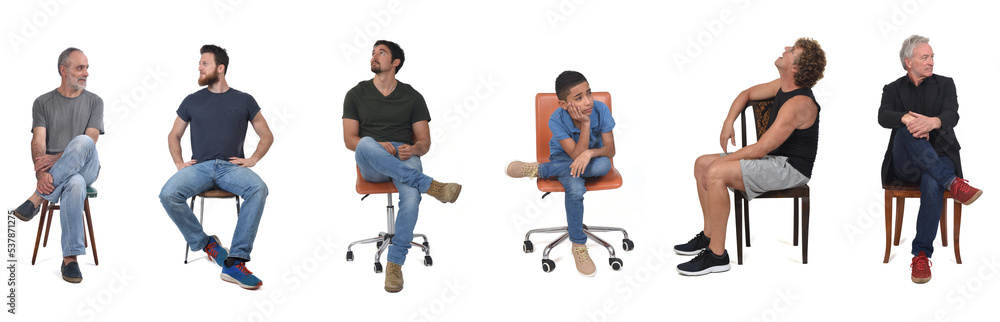 group of men sitting in a chair and looking away on white background ...