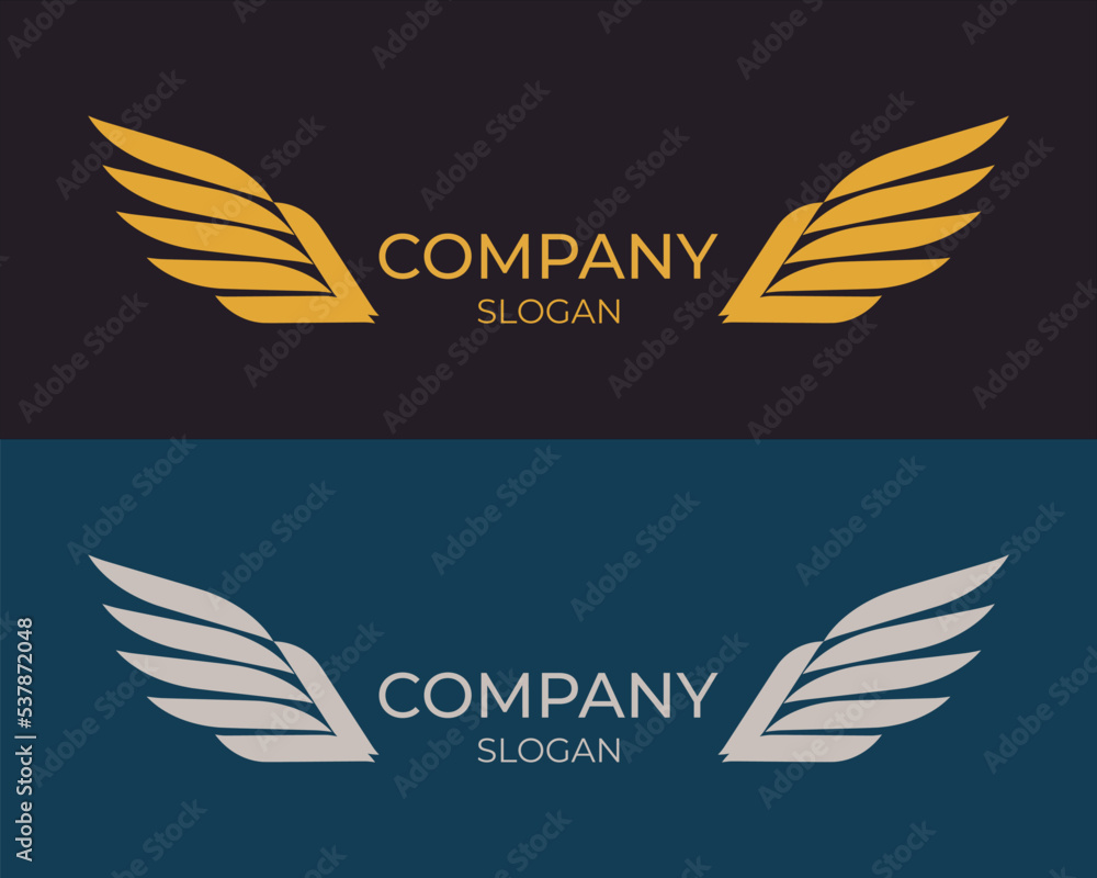 Abstract gold and silver luxury angel wings logo on the dark-blue and ...