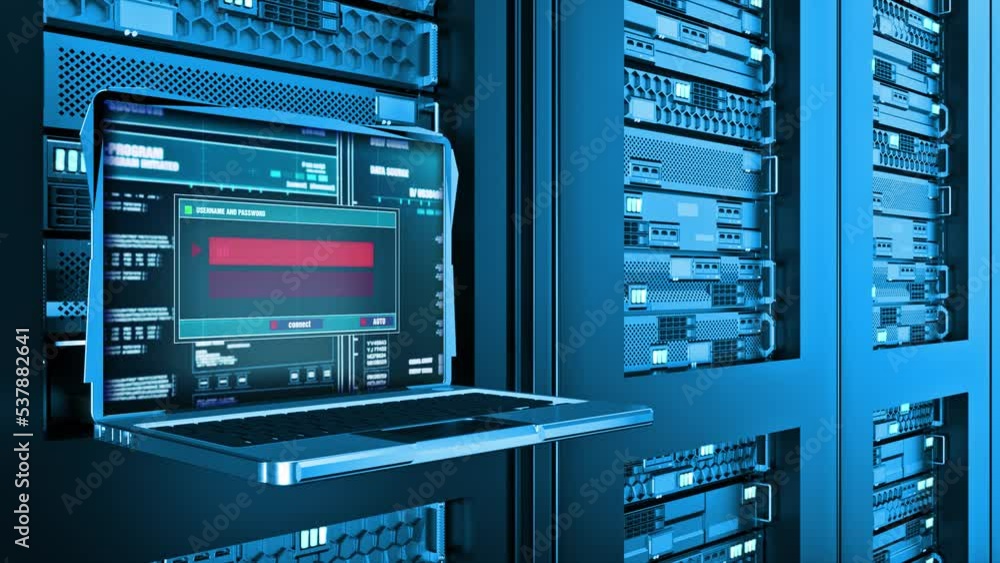 Cyber Crime Warning Error Alert Text on Computer Screen Login And Password on server racks data ...