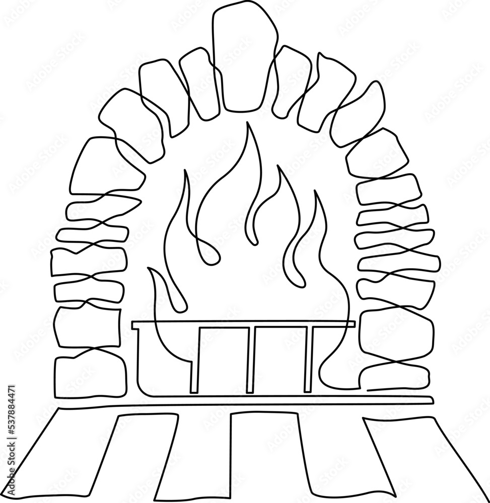 Stone fireplace with a burning fire inside. Traditional decoration of ...