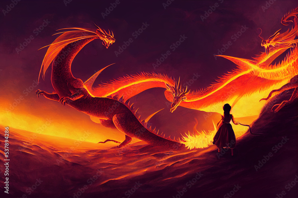 fantasy scene showing the girl fighting the fire dragon, digital art ...