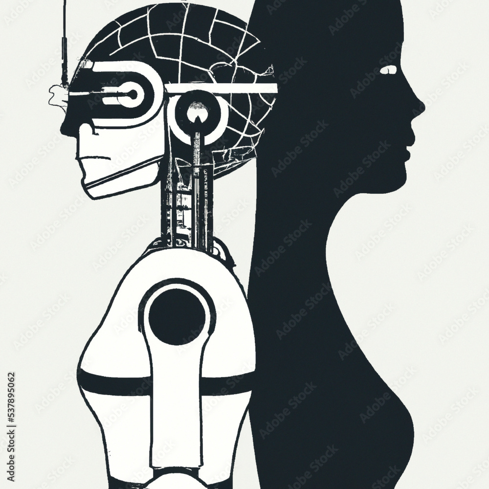 Side view of a humanoid robot and a woman standing back to back ...