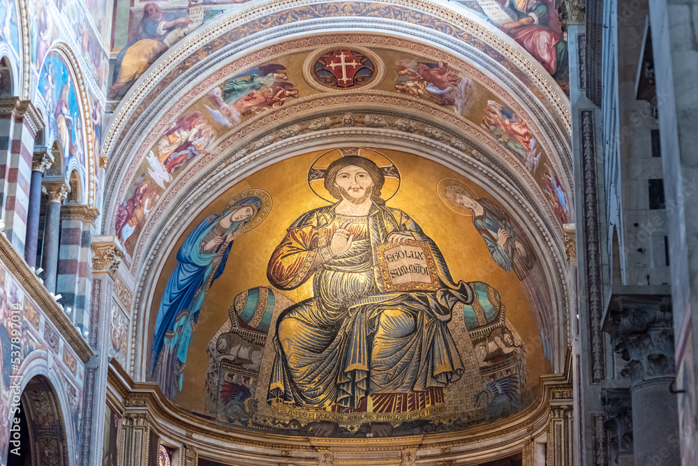 Beautiful golden fresco decorating dome interior inside catholic ...