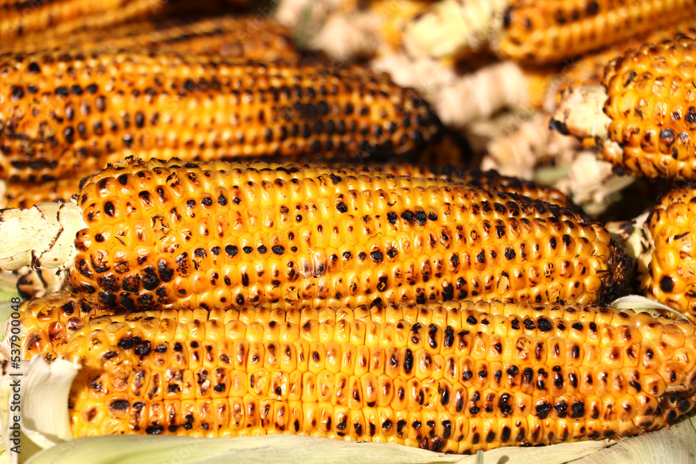selective focus Lots of grilled corn cobs on street counter. Fresh ...