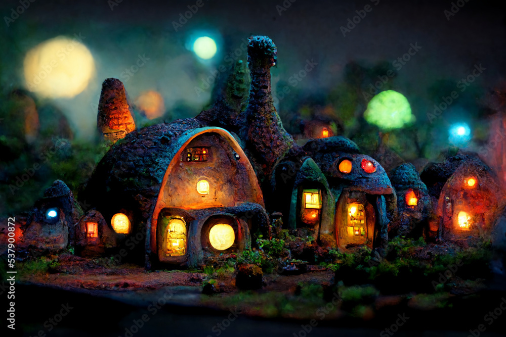 Fantasy fairytale village at night. Dim light, monster alien houses ...