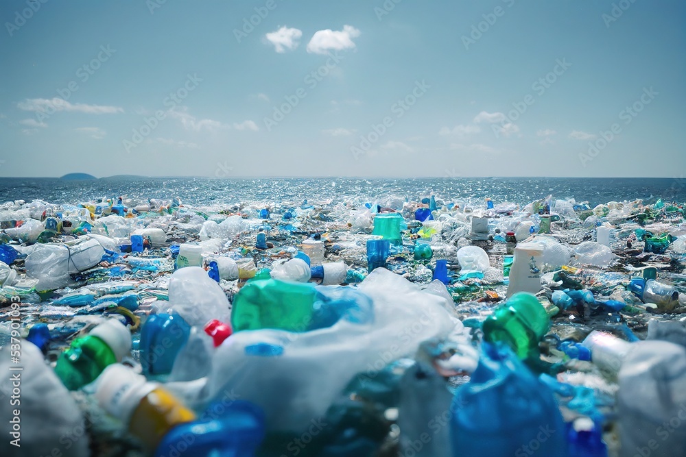 Lots of plastic bottle garbage on messy ocean coast. Unhygienic seaside ...