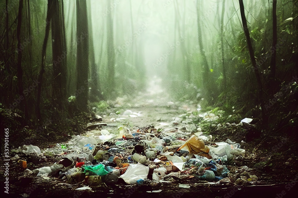 Garbage dump in foggy forest environmental problem. Nature destruction ...