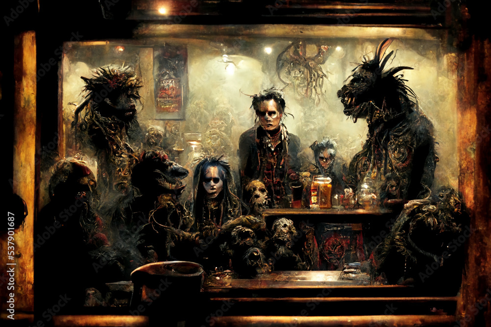 Nightmare monsters at the bar having fun. Scary horrifying monsters ...