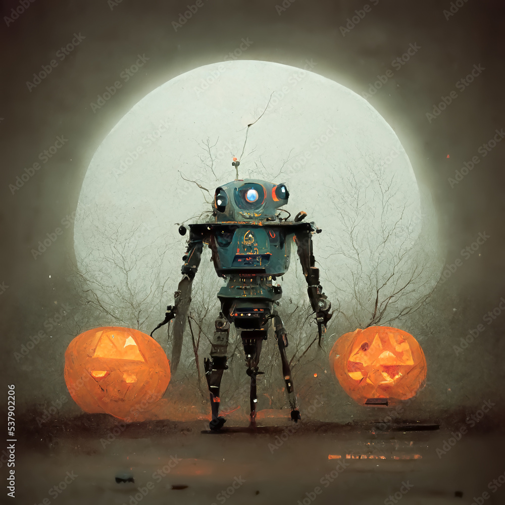 Halloween robot at night, full moon background, scary Stock ...