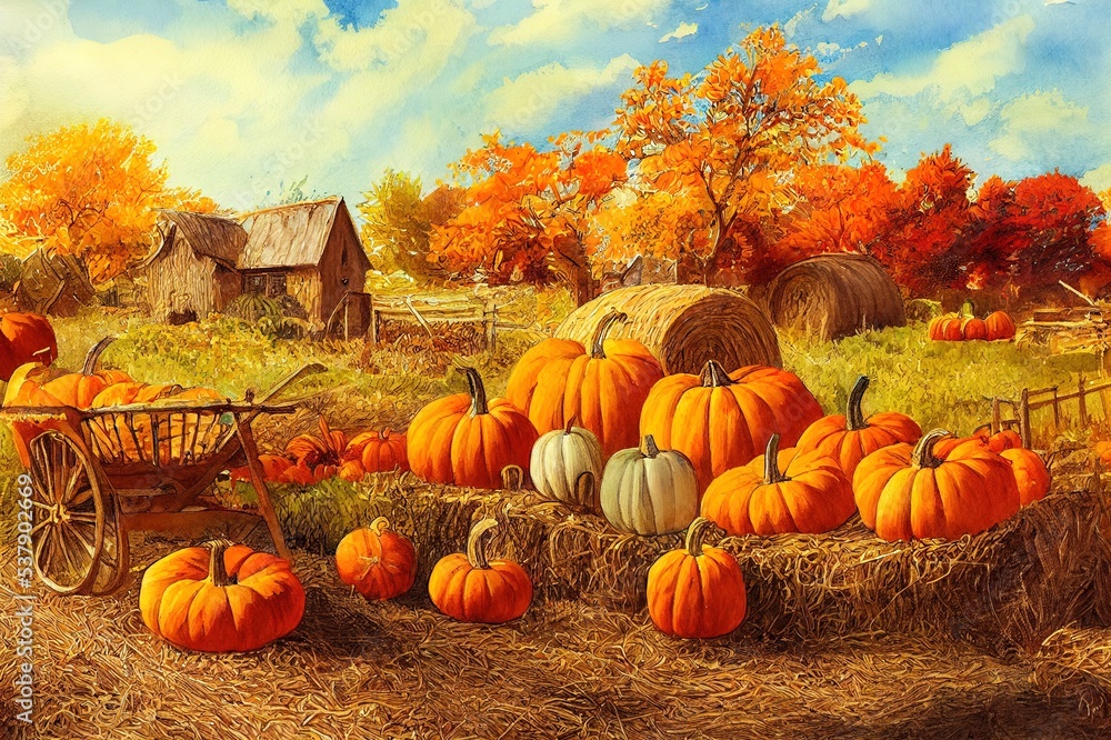 Watercolor farmhouse illustration, Autumn harvest scene with rustic ...