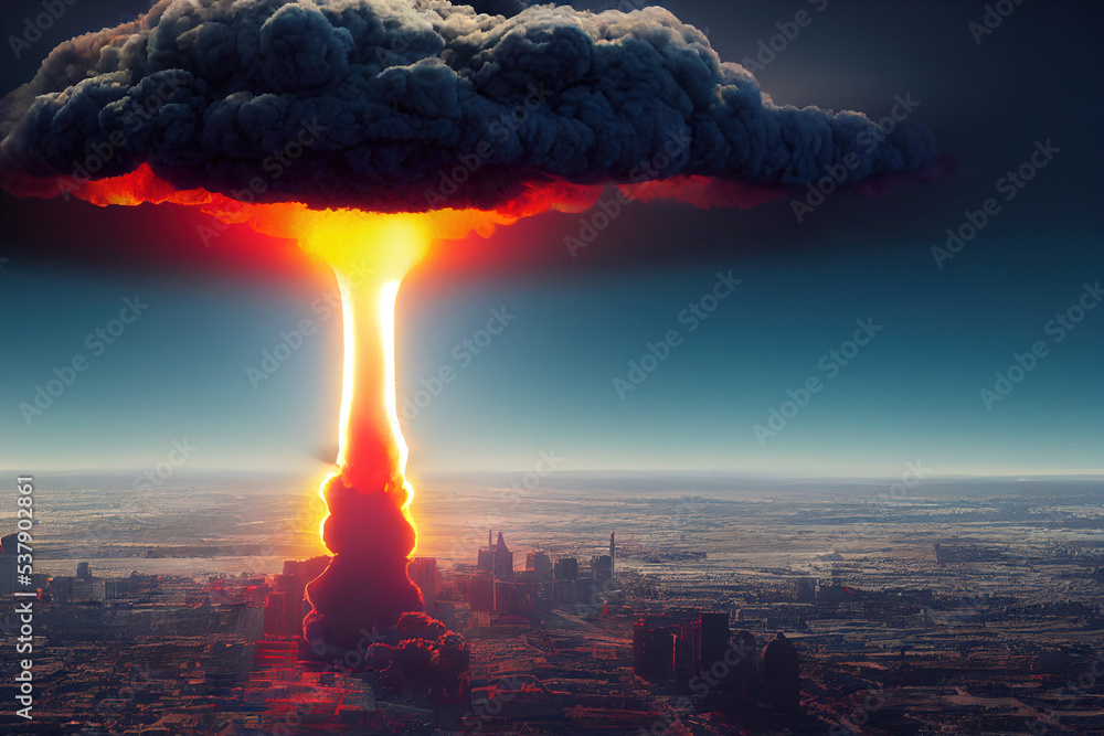 Atomic bomb in city. Symbol of war, end of world. Nuclear explosion ...