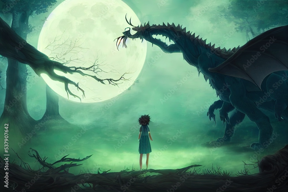 A huge angry spiked dragon roars in rage at a girl with a magic ...