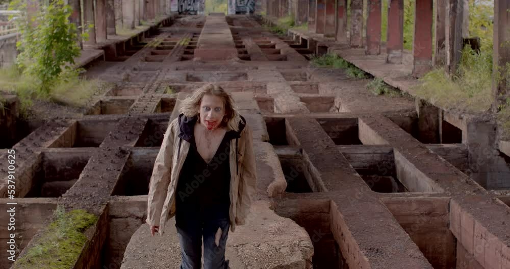 Frightening and scaring full-length portrait of zombie man, jerky ...