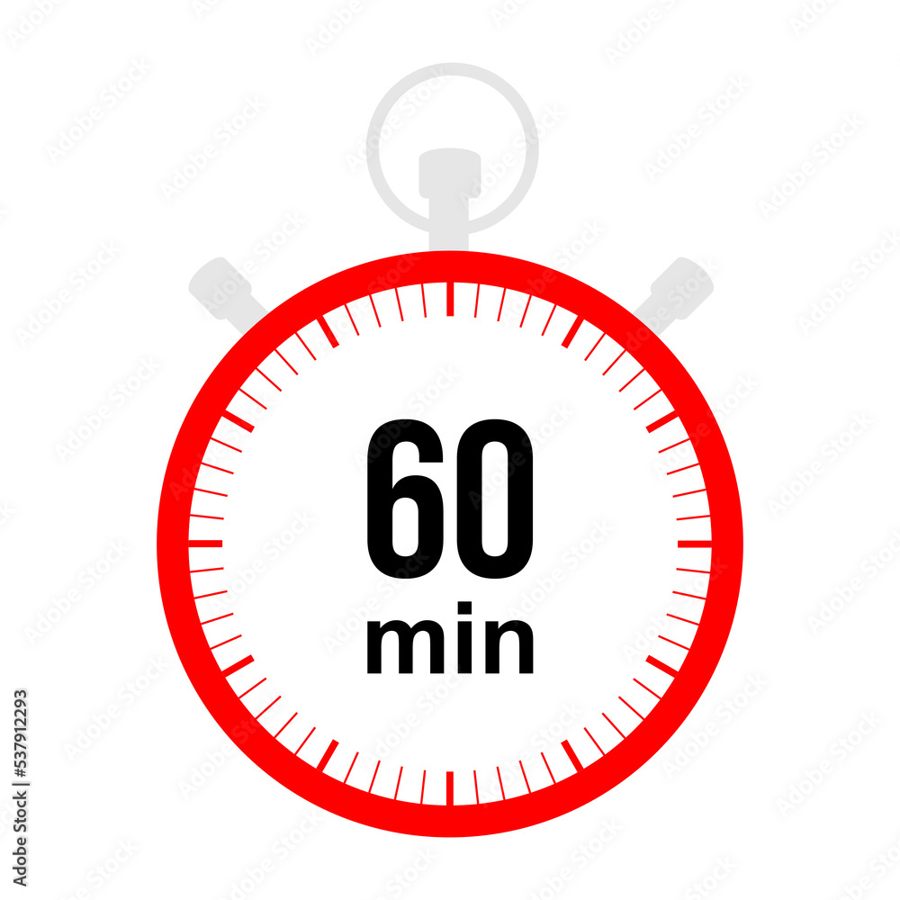 60 minutes timer. Stopwatch symbol in flat style. Stopwatch isolated on ...