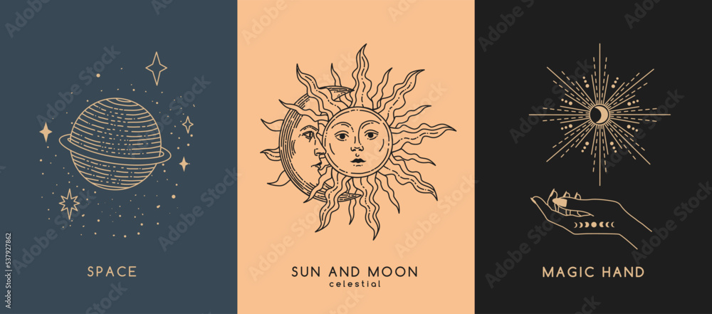 Set of linear vector illustrations. Hand drawn celestial illustrations ...