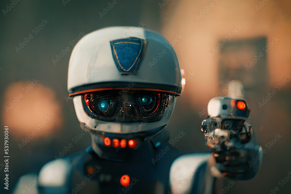 City night scene with robot policeman pointing gun. Ai generated art ...