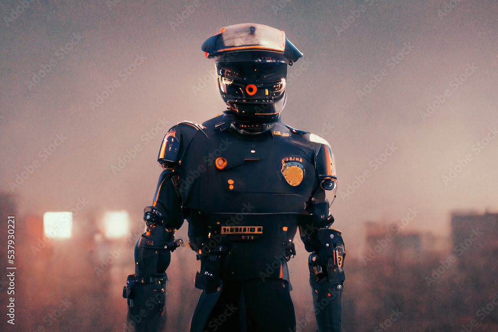 Futuristic city night scene with robot policemen. Ai generated art ...